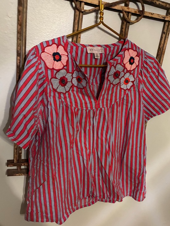 Philosophy | Tops | Philosophy Red And White Striped Floral Embroidered ...